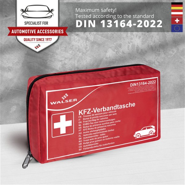 Red first aid kit for the car, compliant with DIN 13164:2022, car first ...