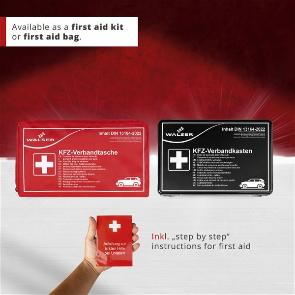 Red first aid kit for the car, compliant with DIN 13164:2022, car first ...